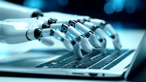 Close Up Shot Of Futuristic White Robotic Hands With Glowing Blue Lights Typing On A Laptop