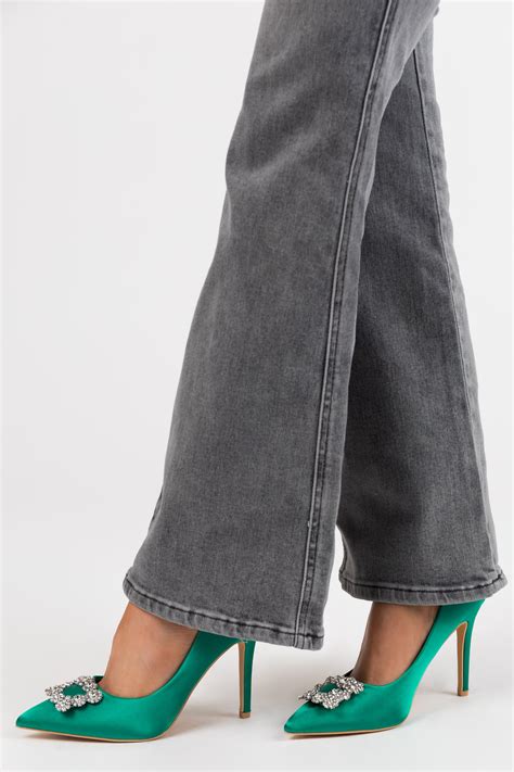 Vibrant Jade Satin Rhinestone Buckle Pointed Toe Heels Lime Lush Boutique