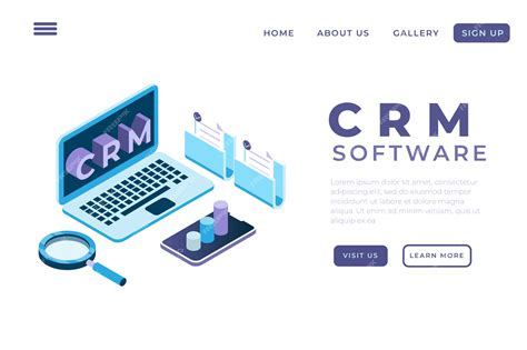 아이소 메트릭 랜딩 페이지 및 웹 헤더 고객 관계 관리라는 개념으로 Crm 응용 프로그램을 사용하는 시스템 자동화 그림 프리미엄 벡터