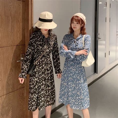 COD 2022 New Fashion Warna Sifon Bunga Blue Hitam Wanita Midi Dress