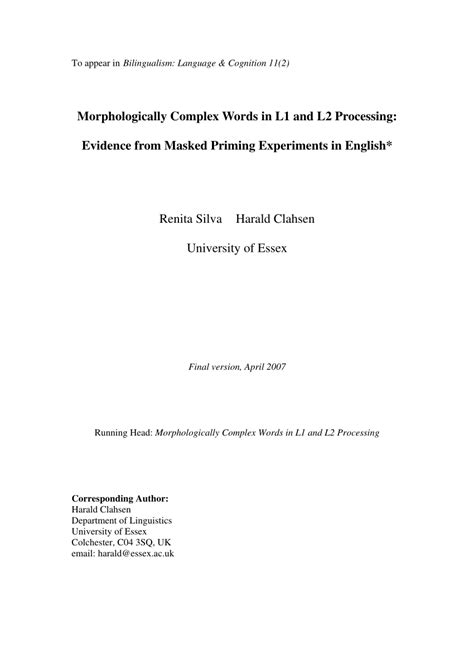 Pdf Morphologically Complex Words In L1 And L2 Processing Evidence From Masked Priming