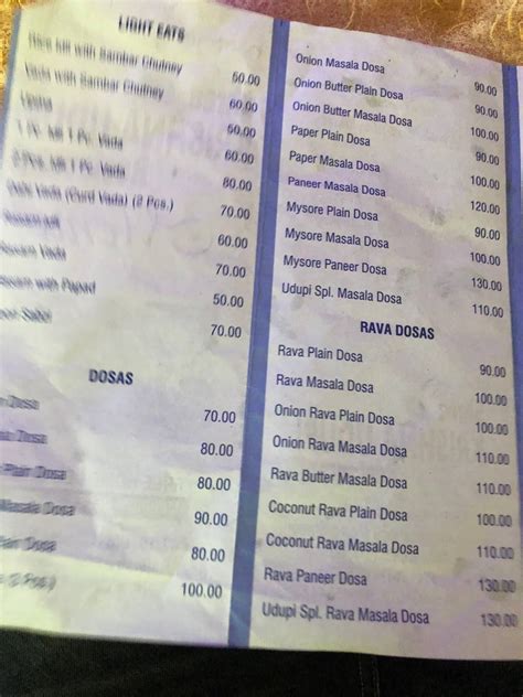 Menu At Shree Krishna Udupi Gurugram