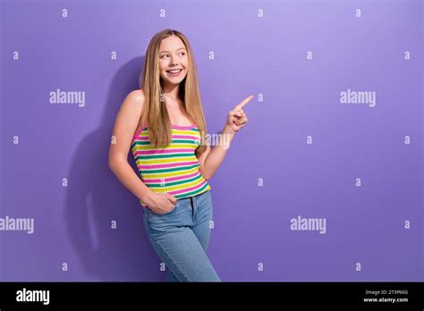 Photo Of Positive Schoolgirl With Straight Hairdo Dressed Striped Top