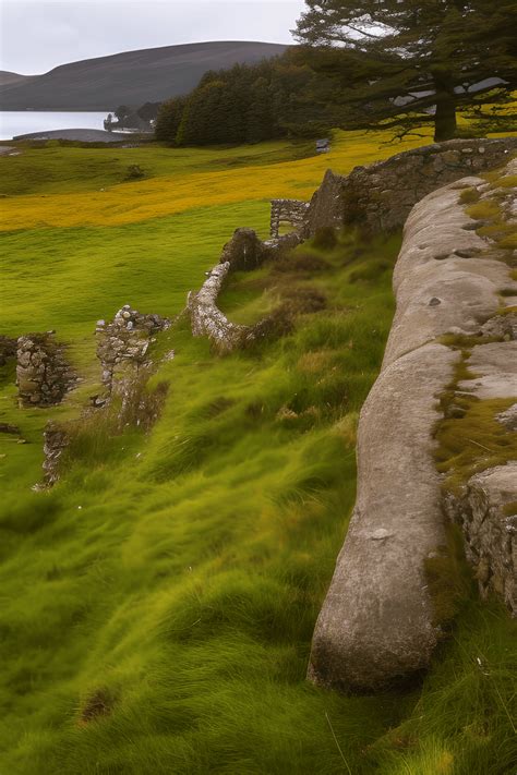 Medieval Village In Grass Valley With Dark Loch And Pebble Beach