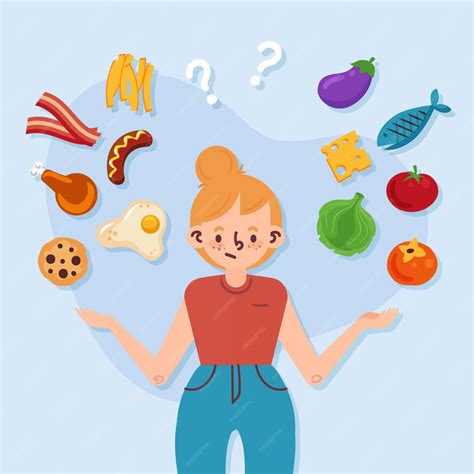 女性と健康的または不健康な食品を選択する 無料のベクター