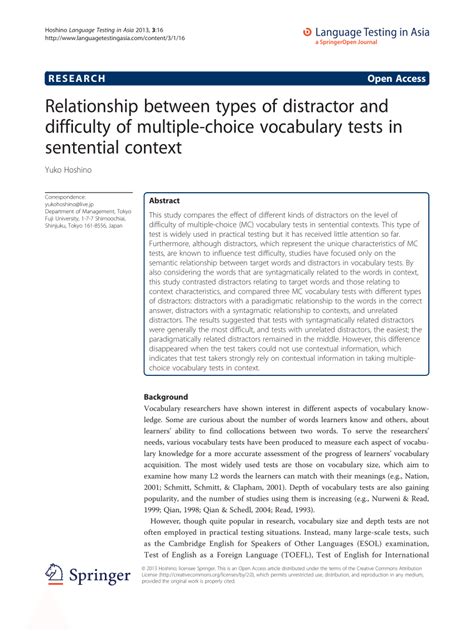 Pdf Relationship Between Types Of Distractor And Difficulty Of Multiple Choice Vocabulary