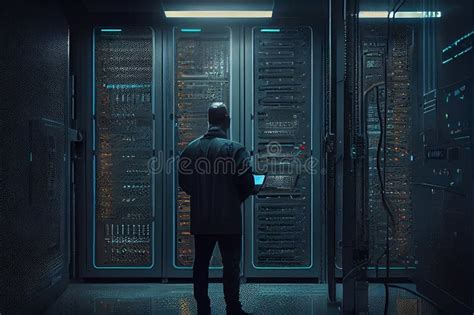 Cloud Service Engineer Standing In Front Of A Digital Technology Data Center In Ai Server Room