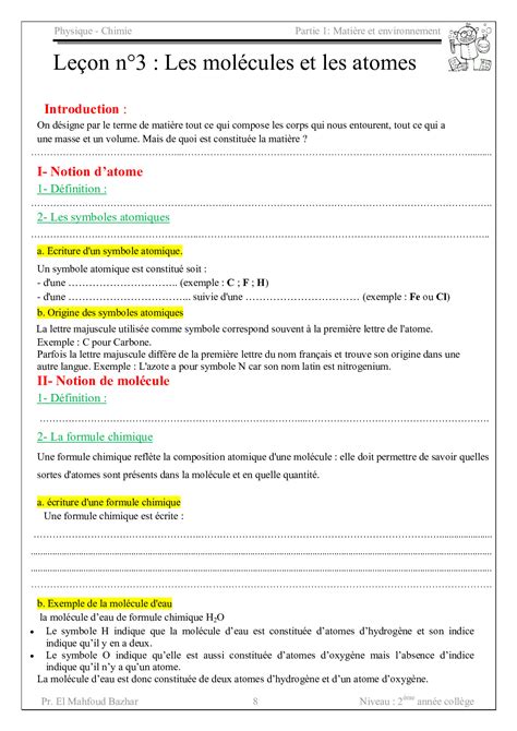 Les Molécules Et Les Atomes Activités 1 Alloschool