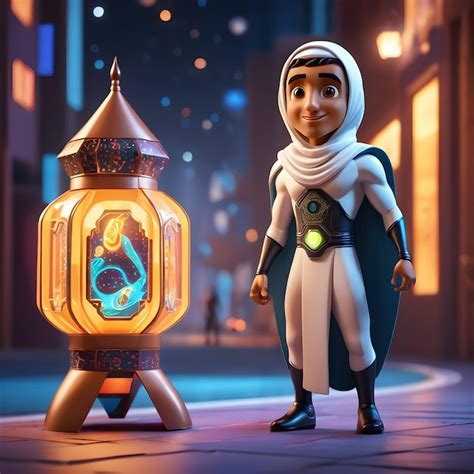 Premium Photo 3d Cartoon Arab Superhero Character And Ramadan Lantern