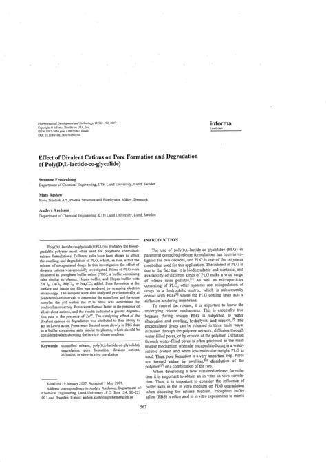 Pdf Effect Of Divalent Cations On Pore Formation And Degradation Of Polydl Lactide Co Glycolide