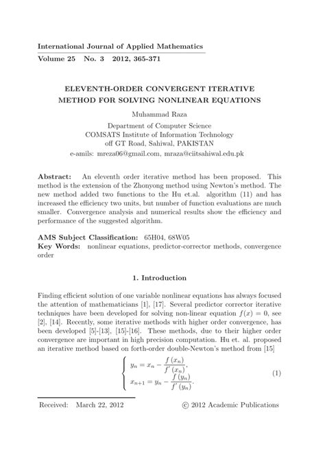 Pdf Eleventh Order Convergent Iterative Method For Solving Nonlinear Equations