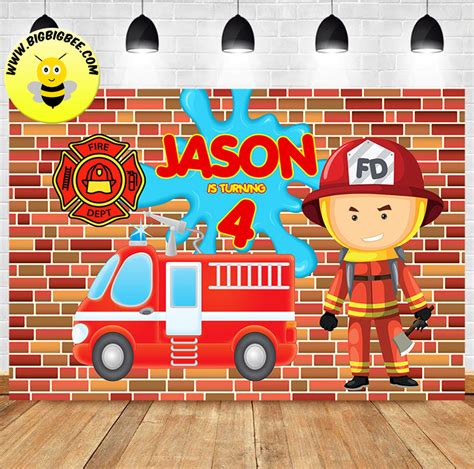 Custom Fireman Firefighter Fire Truck Theme Birthday Backdrop