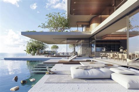 A Luxurious Modern House With Large Windows Infinity Pool Surrounded