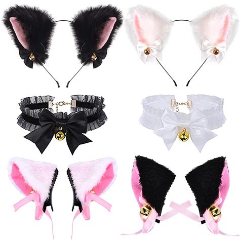 1 세트 고양이 귀 머리띠 종소리 Chocker 목걸이 봉제 모피 고양이 귀 Hairband 여자 여자 파티 코스프레 모자를