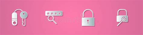 Set Paper Cut House With Key Password Protection Lock And Repair Icon Paper Art Style Stock