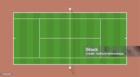 그리드와 그림자 평면도가 있는 테니스 코트 잔디 덮개 필드 벡터 그림입니다 질감이 있는 현실적인 테니스 코트 그림입니다 정확한 비율 테니스 네트에 대한 스톡 벡터 아트 및