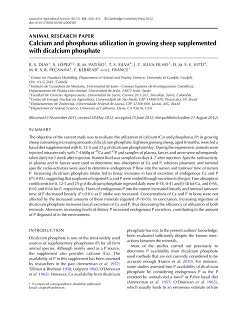 PDF Calcium And Phosphorus Utilization In Growing Sheep Supplemented With Dicalcium Phosphate