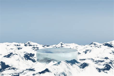 추상 3d 렌더링 플랫폼과 눈 덮인 땅이 있는 얼음 눈 산에 있는 얼음 연단 배경 제품 디스플레이를 위한 배경 맑은 하늘 화장품 미용 제품 또는 스킨케어 광고 등 얼음에