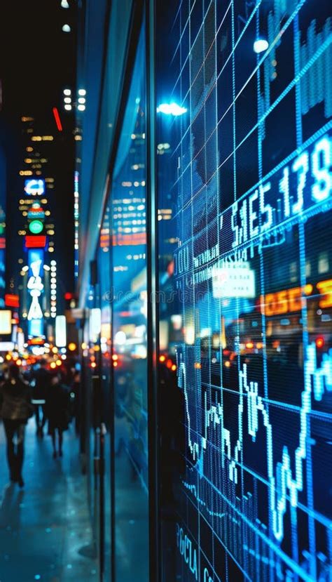 Digital Stock Market Data Display Reflecting On Glass Window With