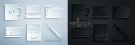 Set Drawer With Documents Document Folder Laptop And Cross Mark On Screen Pencil Eraser Line