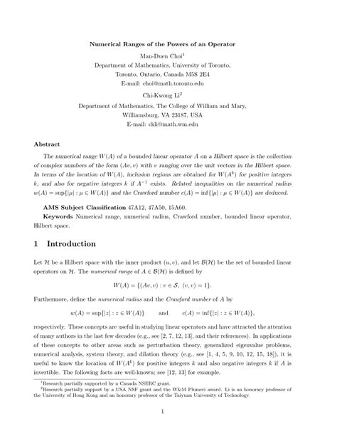 Pdf Numerical Ranges Of The Powers Of An Operator