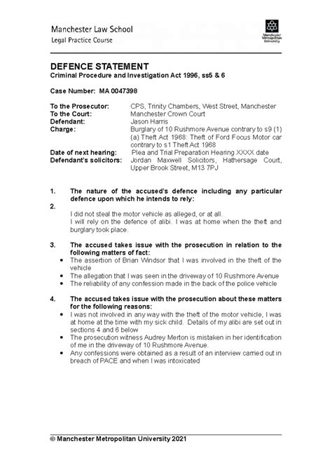 Crim Defence Statement Completed DEFENCE STATEMENT Criminal Procedure And Investigation Act