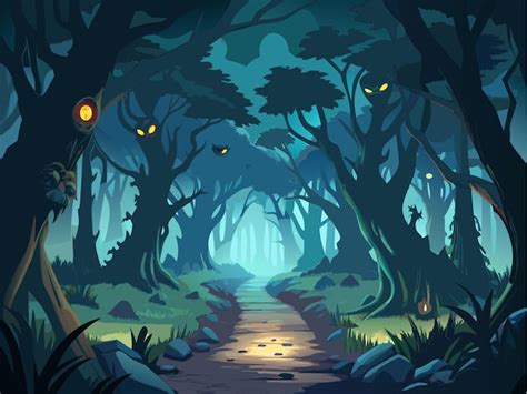 A Dense Dark Forest With Gnarled Trees Glowing Eyes Peeking From The Shadows Premium AI