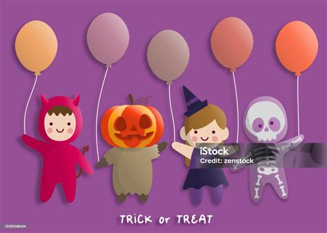 악마 유령 마녀 의상을 입고 아이와 종이 예술 스타일의 할로윈 파티 인사말 카드와 포스터 벡터 그림입니다 개체 그룹에 대한 스톡 벡터 아트 및 기타 이미지 Istock