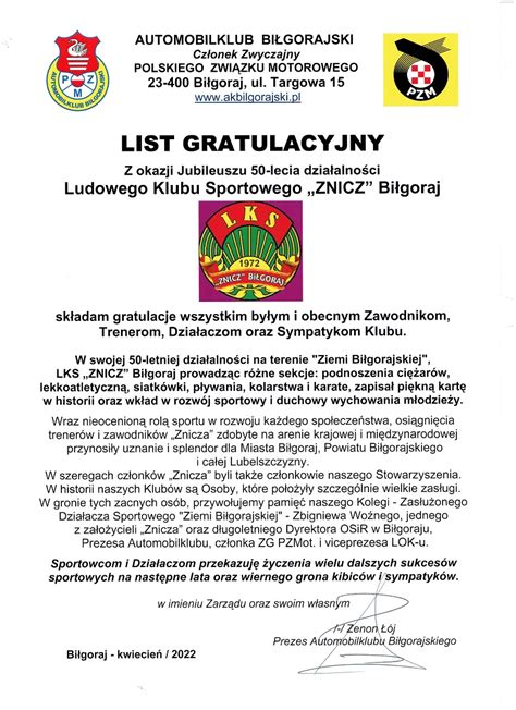 lecie LKS ZNICZ Biłgoraj List Gratulacyjny od naszego Klubu