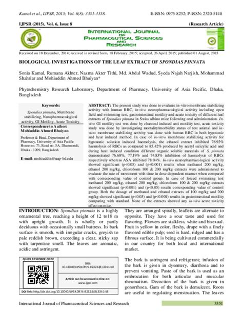 Pdf Biological Investigations Of The Leaf Extract Of Spondias Pinnata