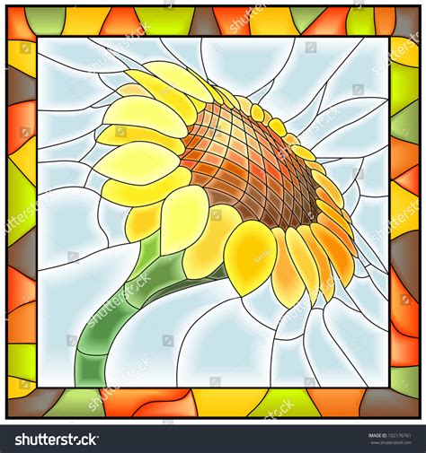 Vector Illustration Of Flower Sunflower In Stained Glass Window With