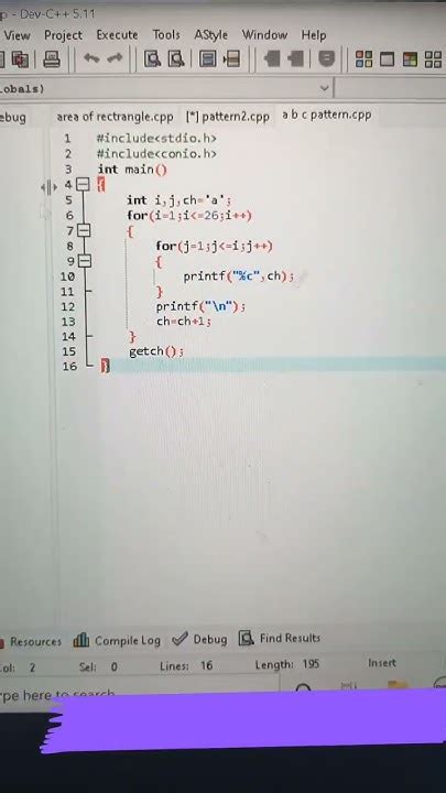 a b c d pattern print in c shorts coding programming youtube