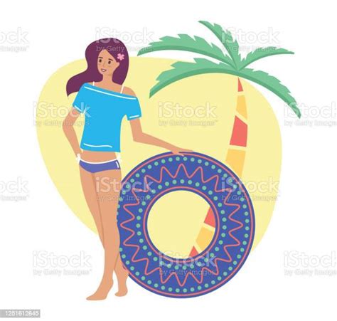 플랫 만화 일러스트 여자는 풍선 원해변에서 휴식을 즐길 수 있습니다 해변 야자수 고무 반지가있는 어린 소녀와 벡터 구성 고무에 대한 스톡 벡터 아트 및 기타 이미지 Istock
