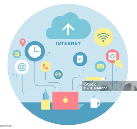 인터넷 아이콘이 연결되어 있고 랩톱 주위에 떠 있습니다 0명에 대한 스톡 벡터 아트 및 기타 이미지 0명 개념 개체 그룹 Istock