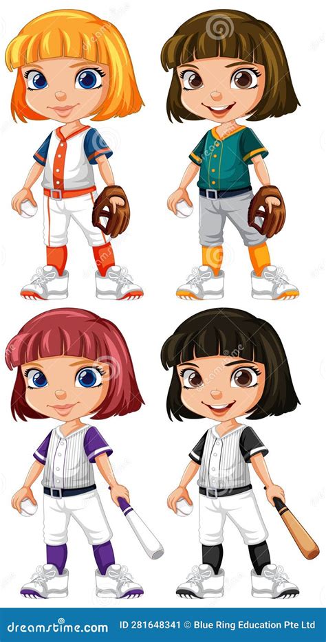 Set Of Cute Girl Baseball Player Cartoon Character With Diffrent Hair