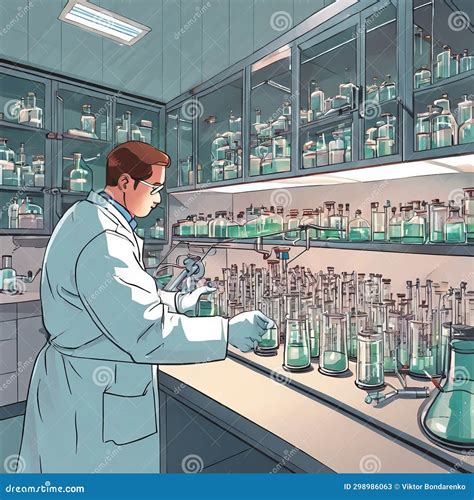 Scientist In Laboratory Working With Flasks And Test Tubes Stock Image Image Of Substance