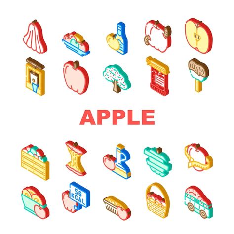 Manzana Roja Comida Verde Hoja Freash Iconos Conjunto Vector Rebanada