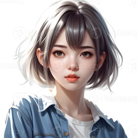 Anime Girl Short Hair Wearing Kawaii Shirt And Jeans Casual Clothing Style Hyper Realistic