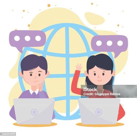 세계 소셜 네트워크 통신 및 기술에서 노트북 문자 메시지를 사용하는 젊은 남성과 여성 남자에 대한 스톡 벡터 아트 및 기타