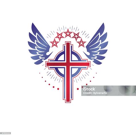 기독교 그래픽의 십자가 상징 날개 믿음은 무료 이다 전 령 벡터 디자인 요소입니다 레트로 스타일 레이블 새 날개와 오각형 별