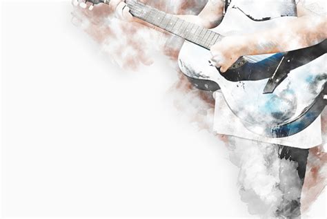 초록 아름 다운 예술 수채화 그림 배경 및 디지털 일러스트 브러쉬에 포그라운드에서 어쿠스틱 기타를 연주 가수에 대한 스톡 사진 및 기타 이미지 Istock