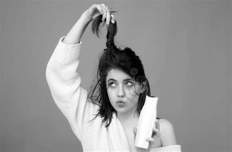 Surprised Amazed Women Hair Care Woman Hold Bottle Shampoo And