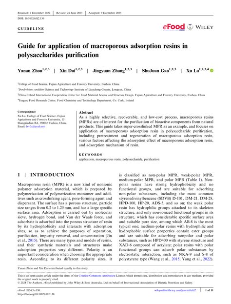 Pdf Guide For Application Of Macroporous Adsorption Resins In Polysaccharides Purification