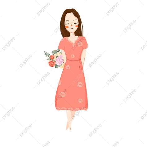 손 일러스트 에 장 미 를 든 행복 한 여자 요소 소녀 아름다움 치마 Png 일러스트 및 Psd 이미지 무료 다운로드