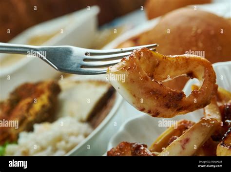 Adobong Pusit Squid Adobo Filipino Cuisine Traditional Assorted Dishes Top View Stock Photo