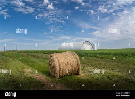 A Round Hay Roll And Farmyard Quonset For Storing Farm Machinery On The