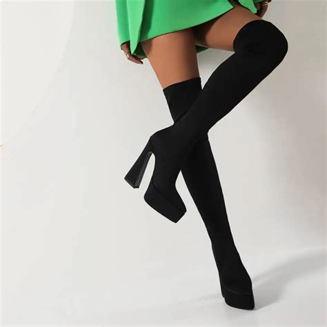 Женские ботфорты на двойной платформе высокие сапоги выше колена на блочном высоком каблуке