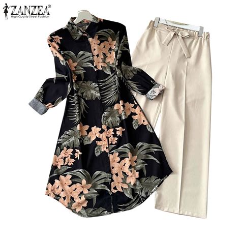 Zanzea Women Korean Casual Long Sleeve Printing Straight Shirt And