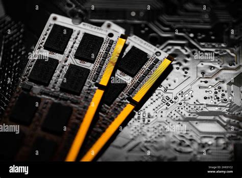 Macro Close Up Of Computer RAM Chip And Motherboard On Dark Background Stock Photo Alamy
