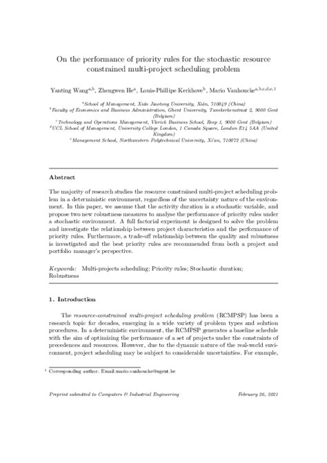 Pdf On The Performance Of Priority Rules For The Stochastic Resource Constrained Multi Project